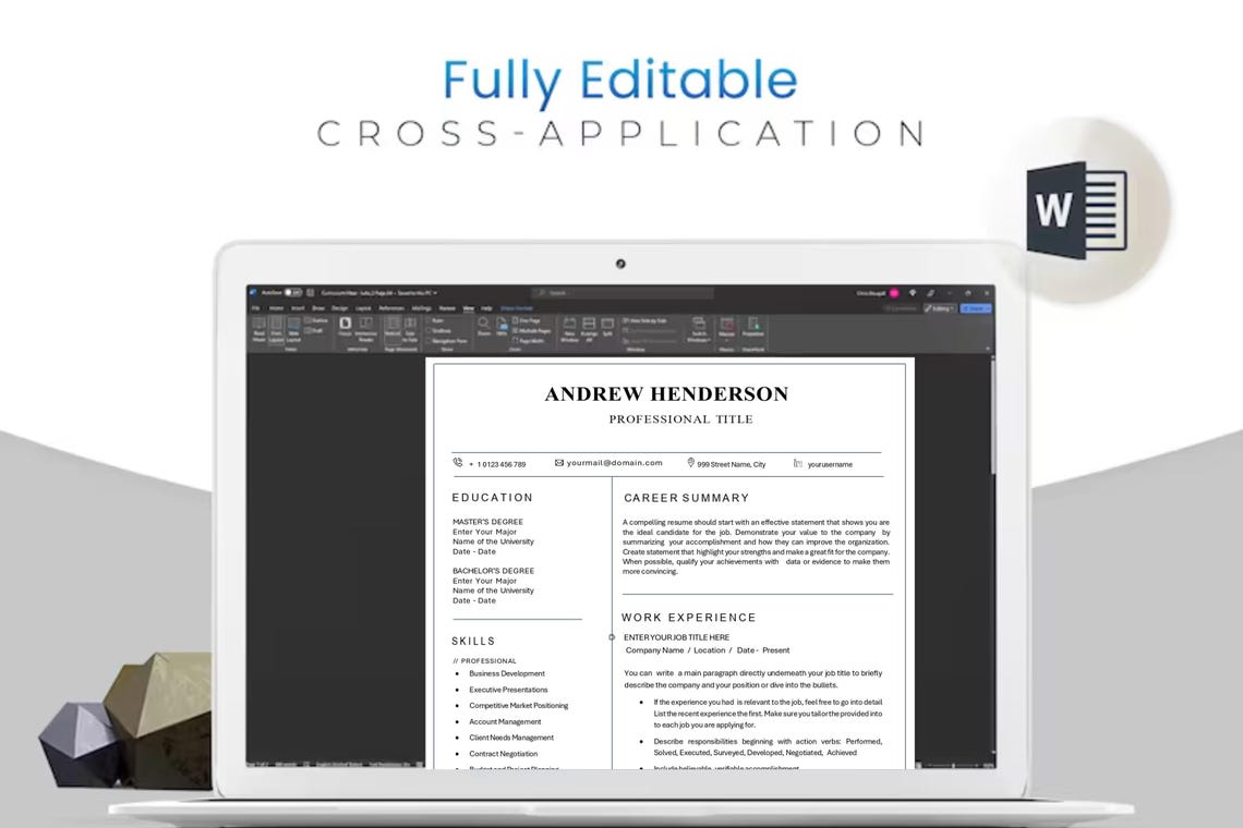 Professional Resume Template for MS Word, Mac Pages, Google Docs Resume ...