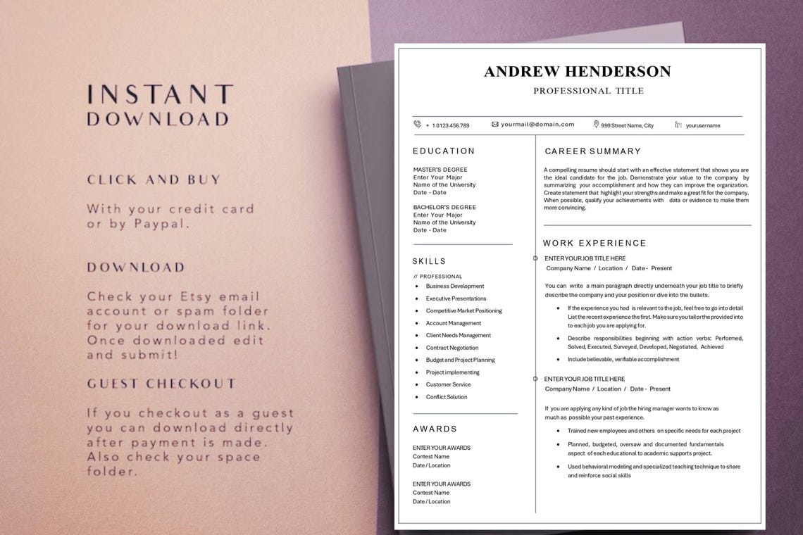 Professional Resume Template for MS Word, Mac Pages, Google Docs ...