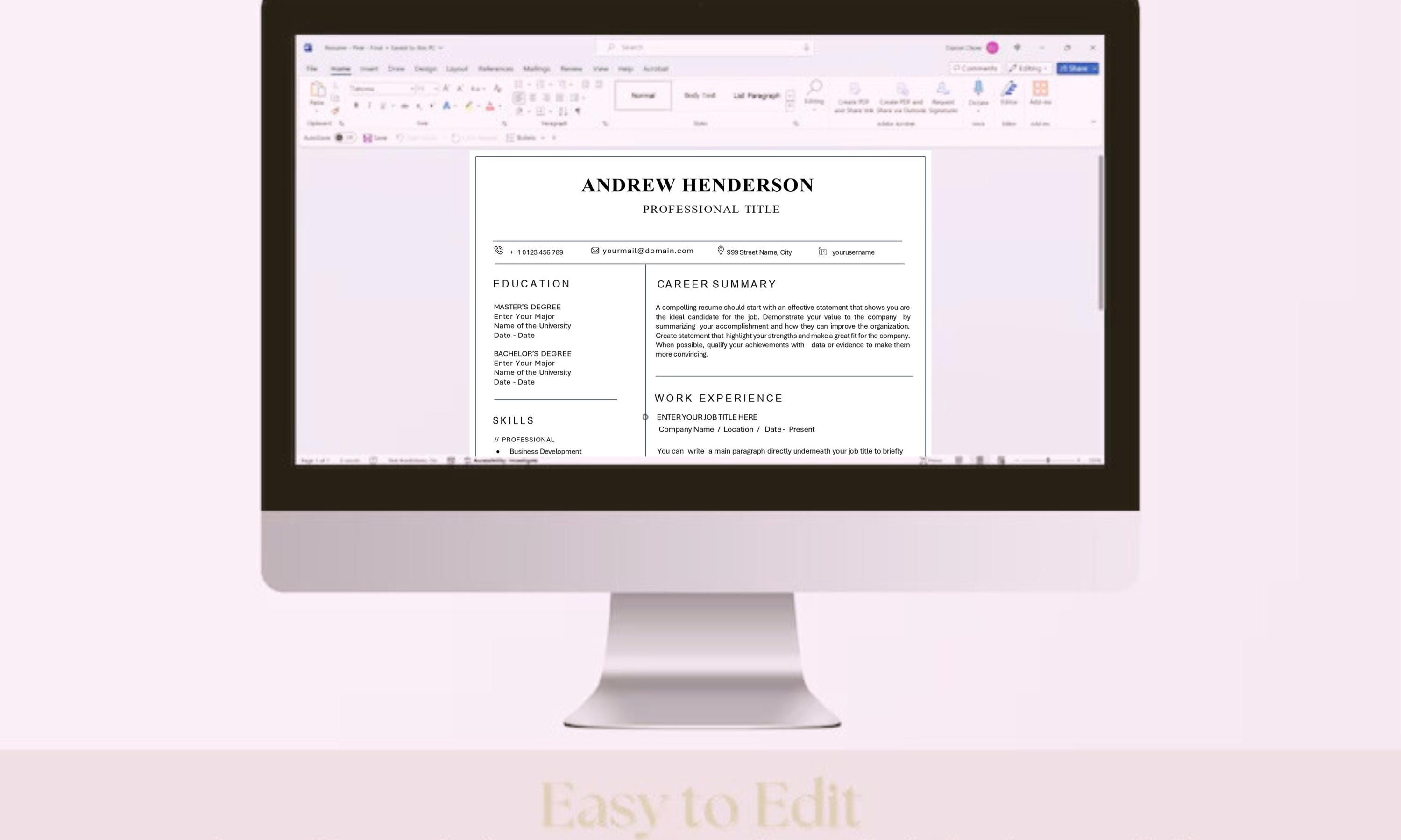 Professional Resume Template for MS Word, Mac Pages, Google Docs Resume ...