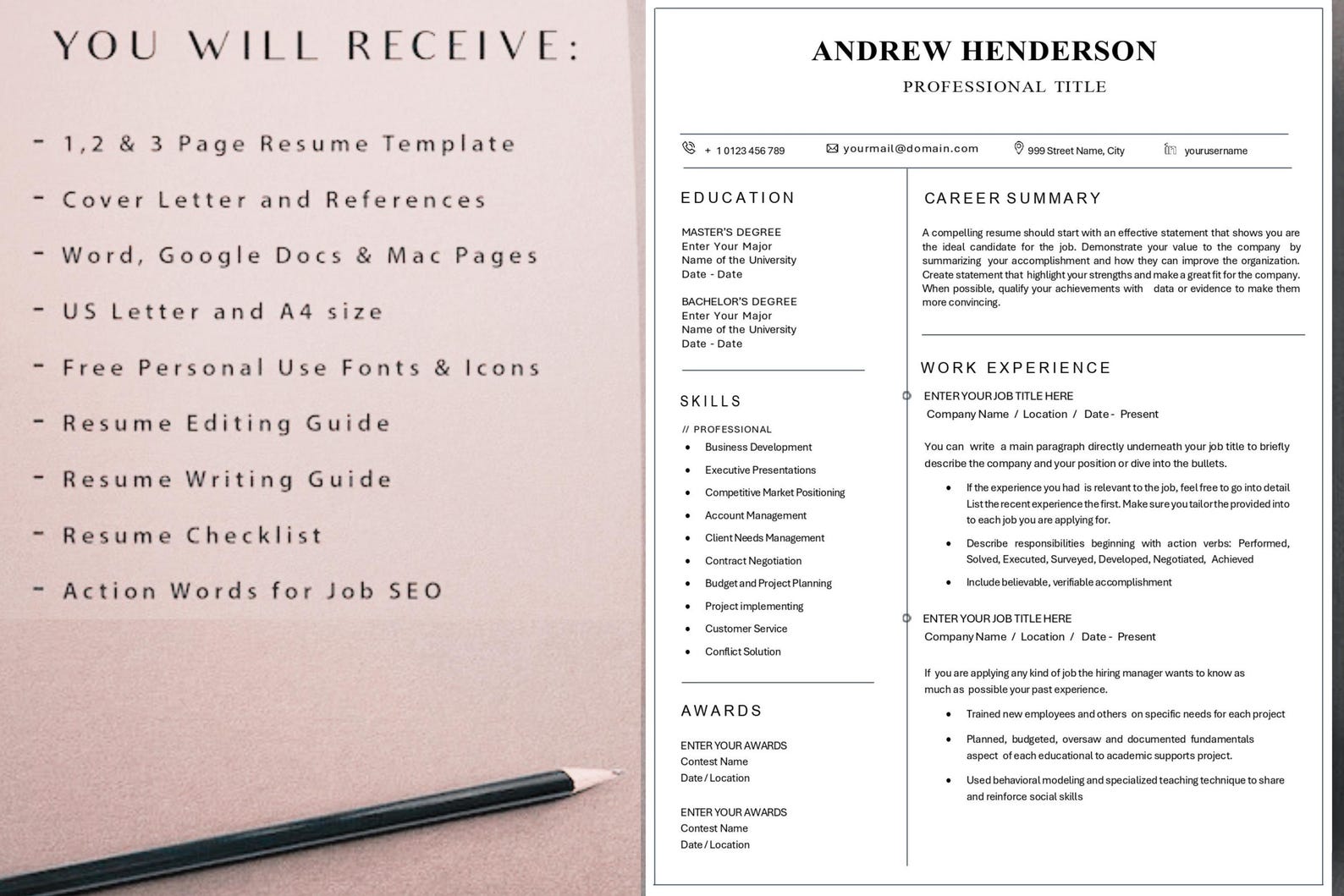Professional Resume Template for MS Word, Mac Pages, Google Docs ...
