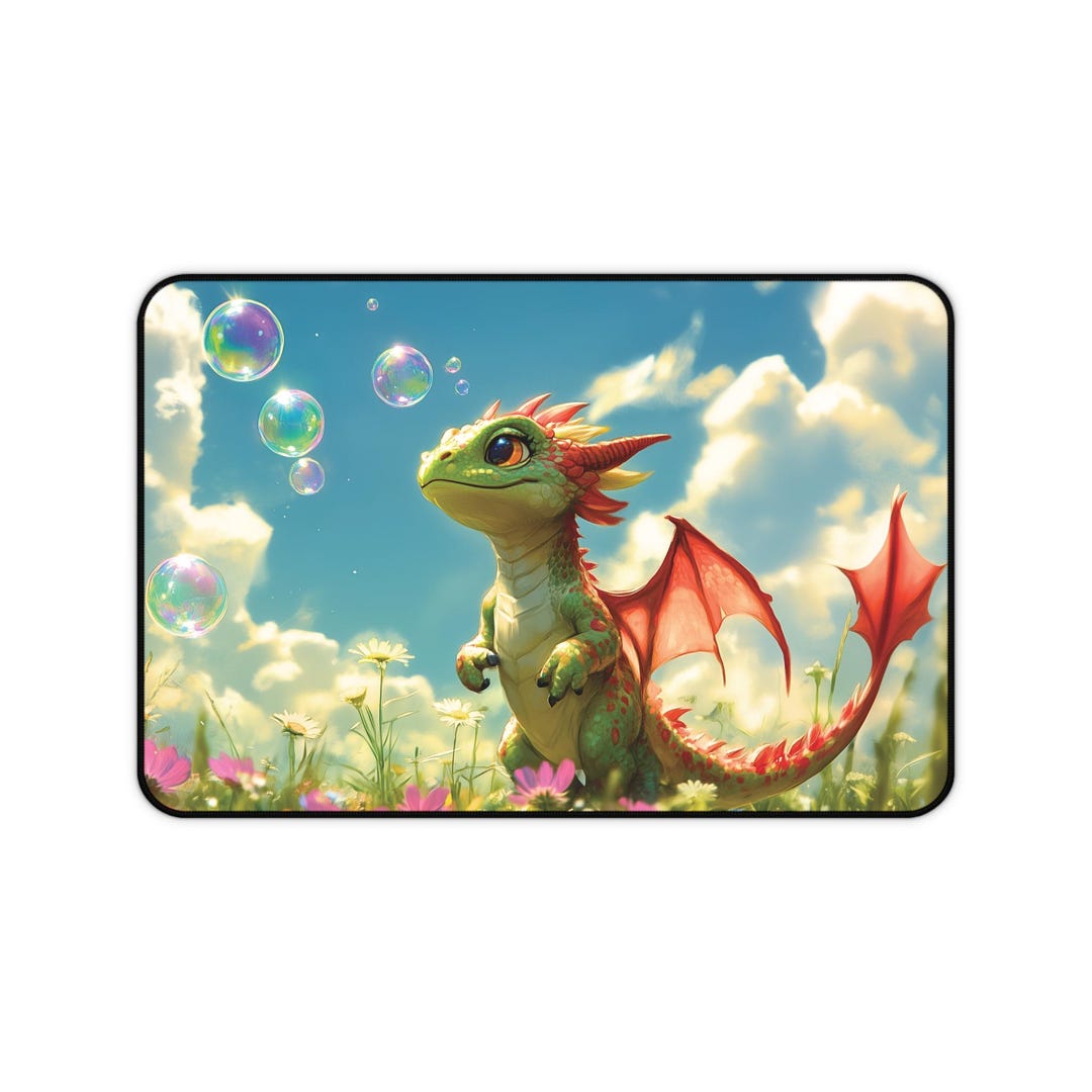 Cute Green and Red Dragon Chasing Bubbles Mouse Pad Desk Mat - Etsy