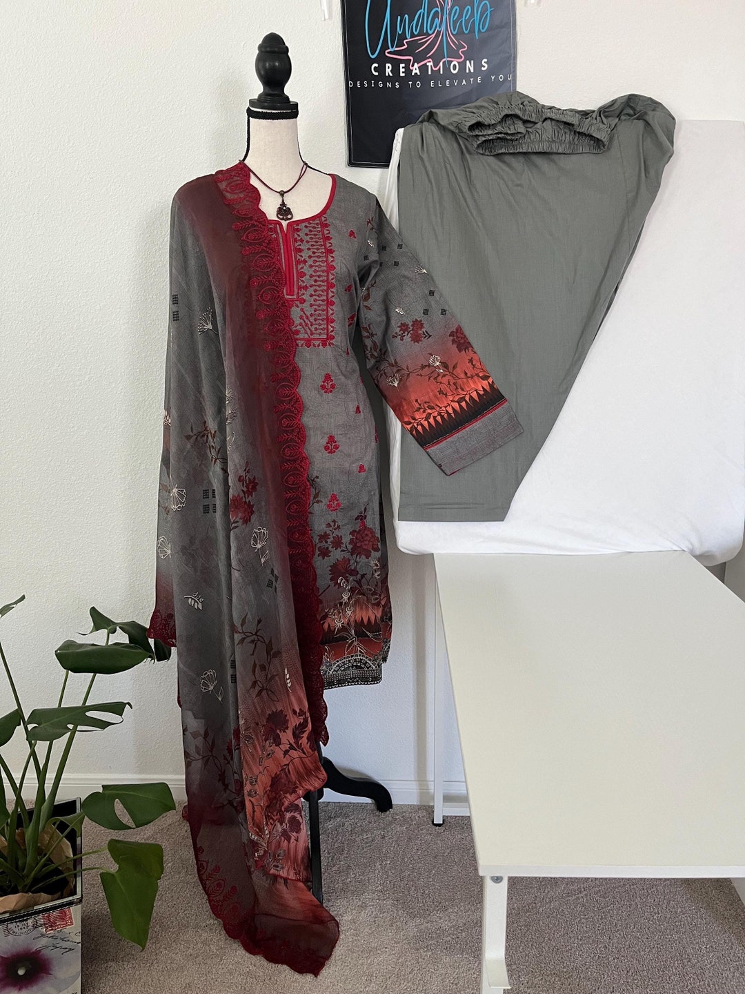 3X Salwar Kameez Readymade 3pc Pakistani Printed Gray Lawn Embroidered ...