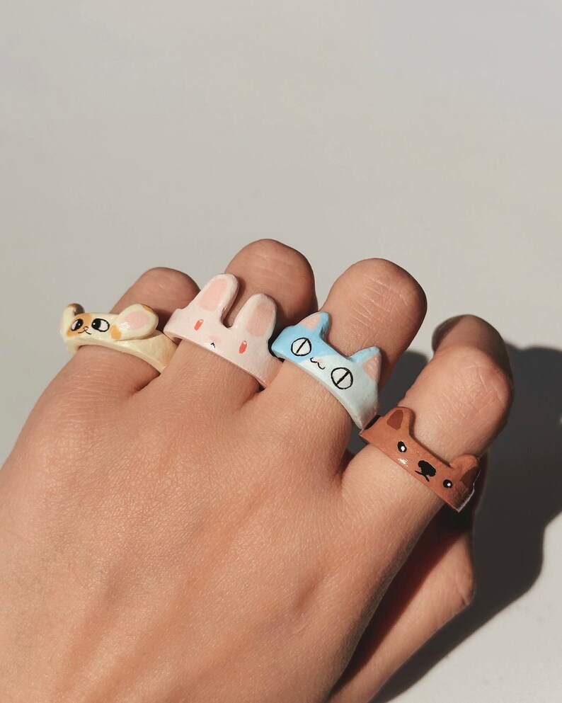 HANDMADE Animal Clay Rings, Cat, Dog, Bunny, Bear, Animals, Cute ...