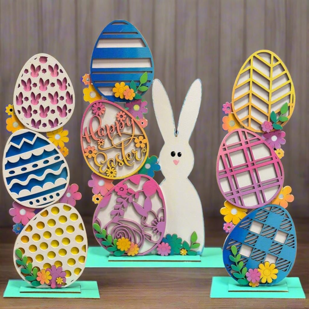 Happy Easter Bunny & Eggs - 3 PC Colorful Spring Decor for Festive ...