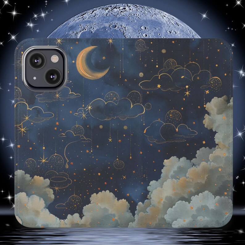 IPhone 17 Celestial Moon Vegan Leather iPhone Wallet Case: Starry Night ...