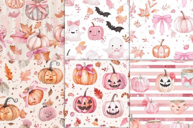 Cute Pink Halloween Digital Paper Pack Watercolor Pumpkins Ghosts and ...