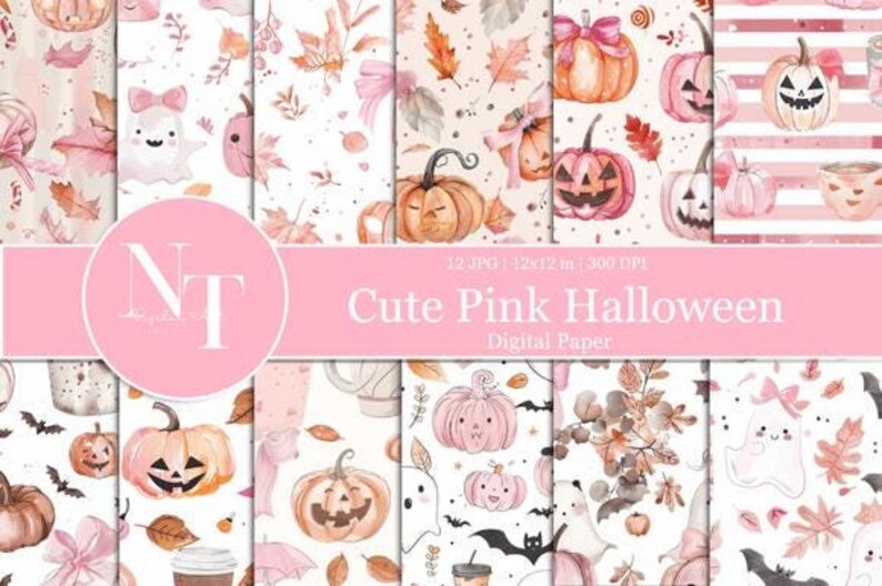 Cute Pink Halloween Digital Paper Pack Watercolor Pumpkins Ghosts and ...