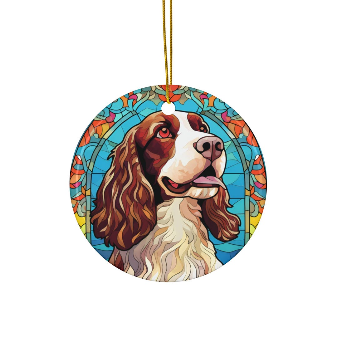 Stained Glass English Springer Spaniel Ceramic Ornament Heart or Circle ...