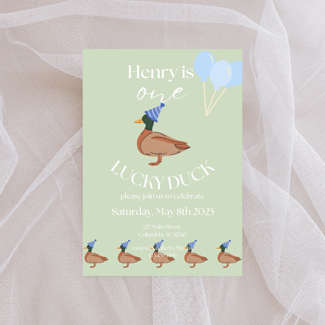 Editable Green One Lucy Duck Invitation Template- First Birthday Boy or ...