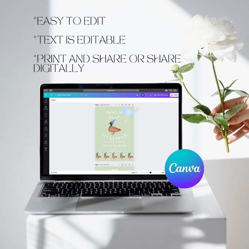 Editable Green One Lucy Duck Invitation Template- First Birthday Boy or ...