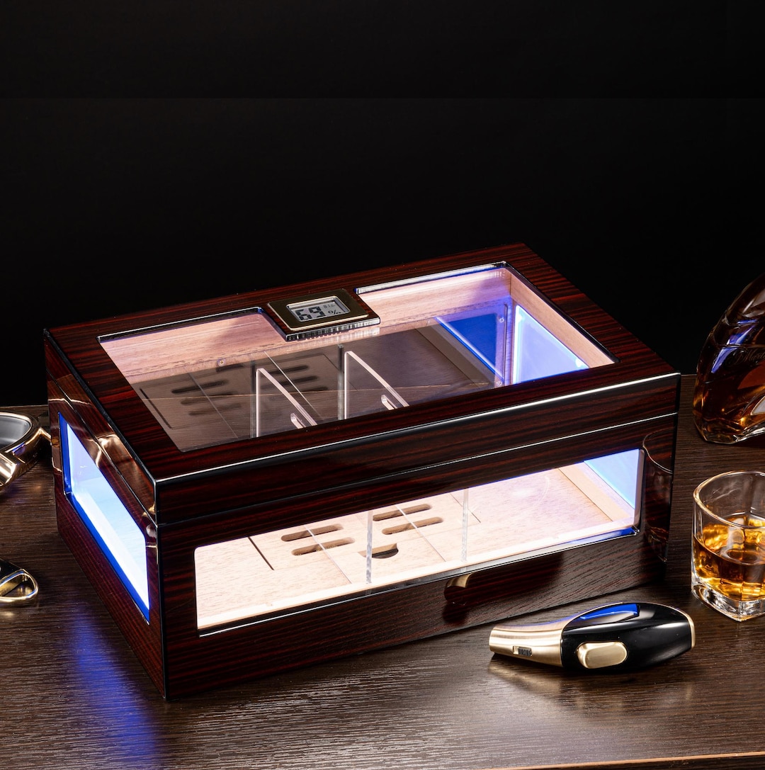 Cigar Humidor With Multi-color LED Lighting Sytem, Digital Hygrometer ...