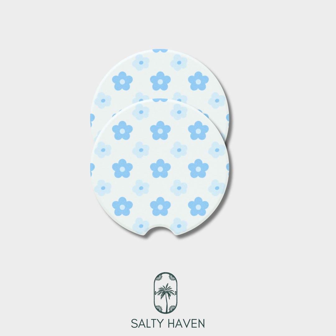 Cute Light Blue Floral Print Preppy Car Coaster Trendy Car Accessories ...