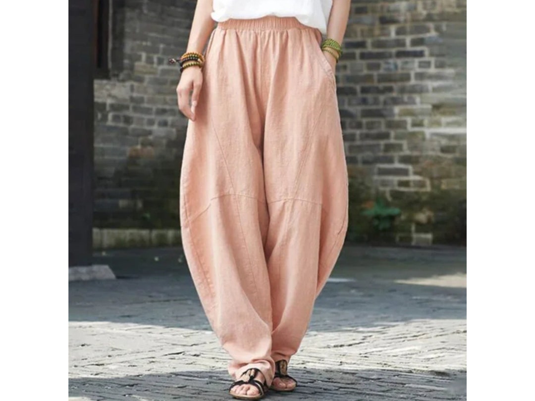 Women Elastic Waist Cotton Pants Soft Casual Loose Boho Trousers Full ...