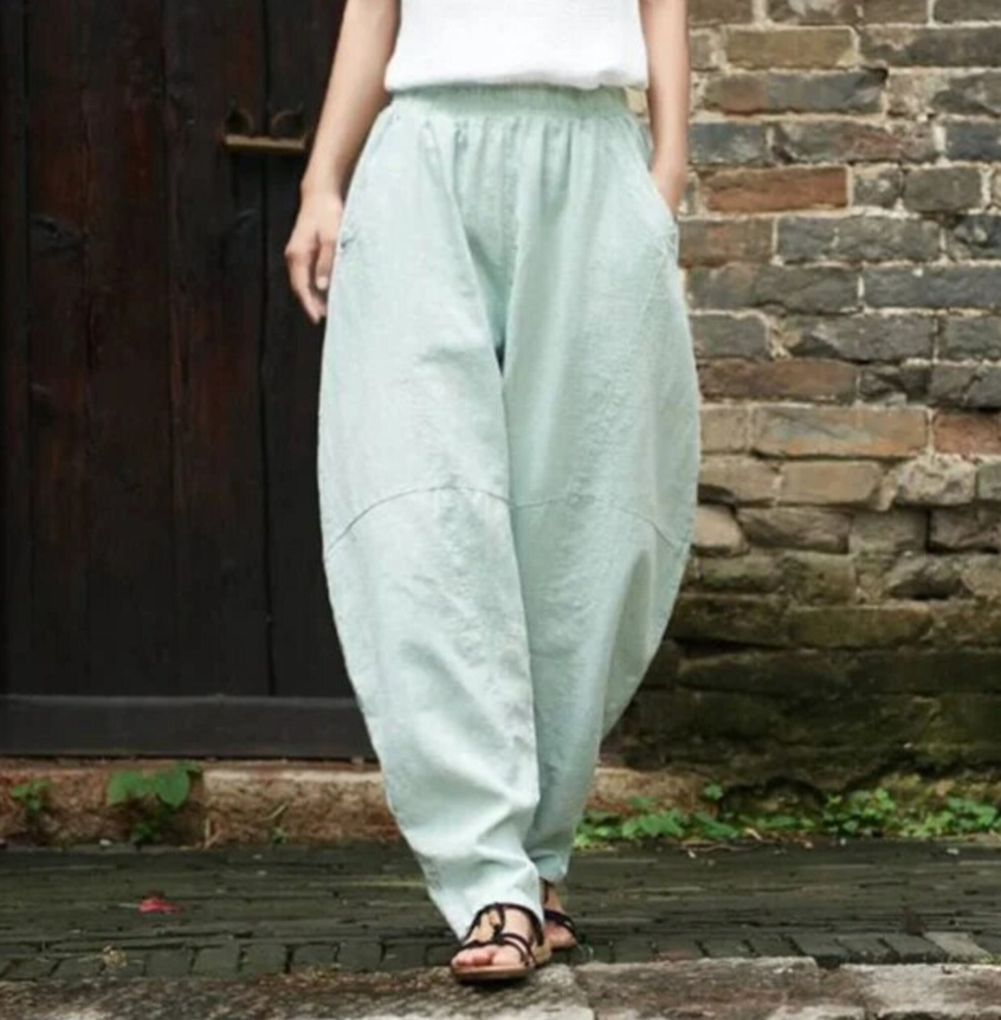 Women Elastic Waist Cotton Pants Soft Casual Loose Boho Trousers Full ...