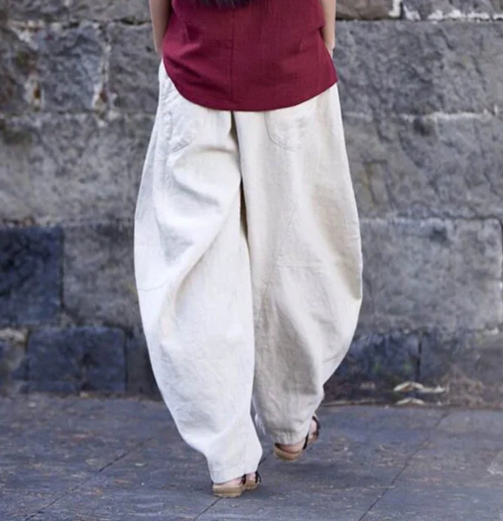 Women Elastic Waist Cotton Pants Soft Casual Loose Boho Trousers Full ...