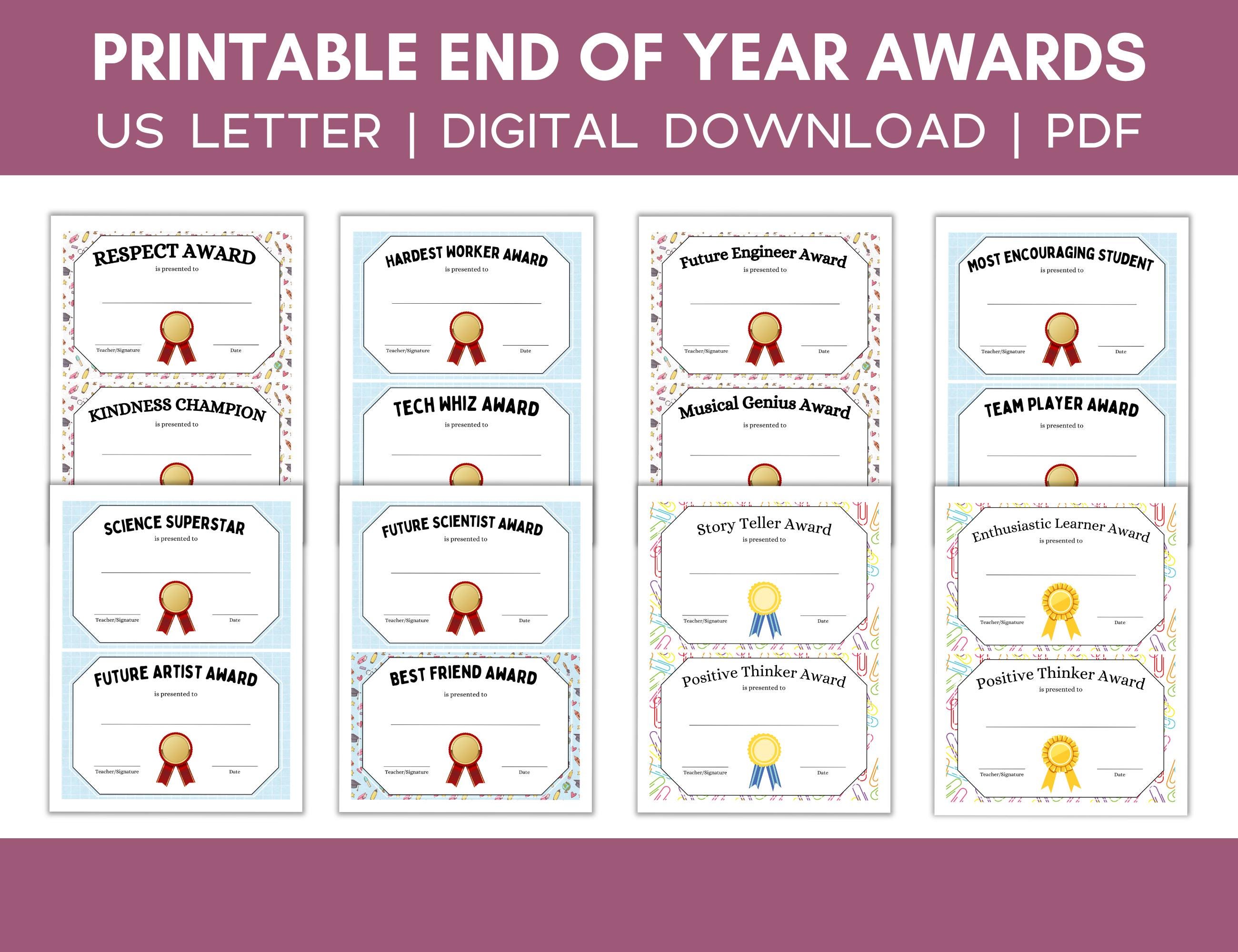 Printable End of the Year Class Awards, Last Day of School Certificates ...