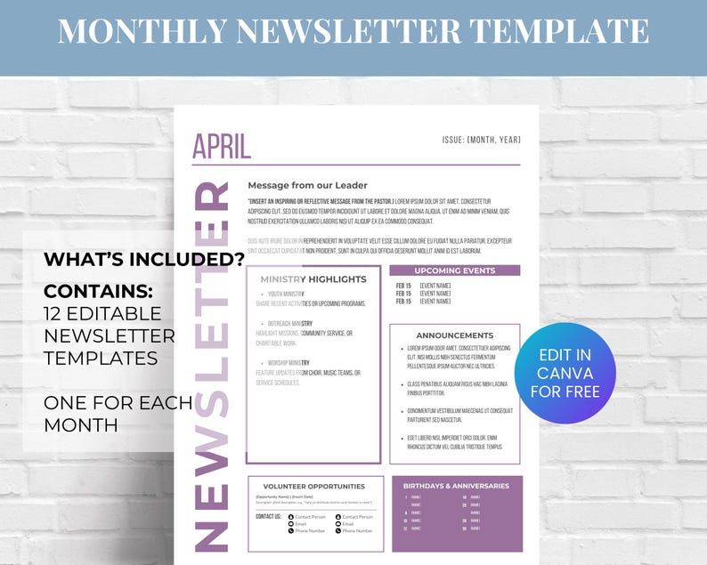 Minimalist 12 Months Church Newsletter, 12 Months Society Bulletin ...