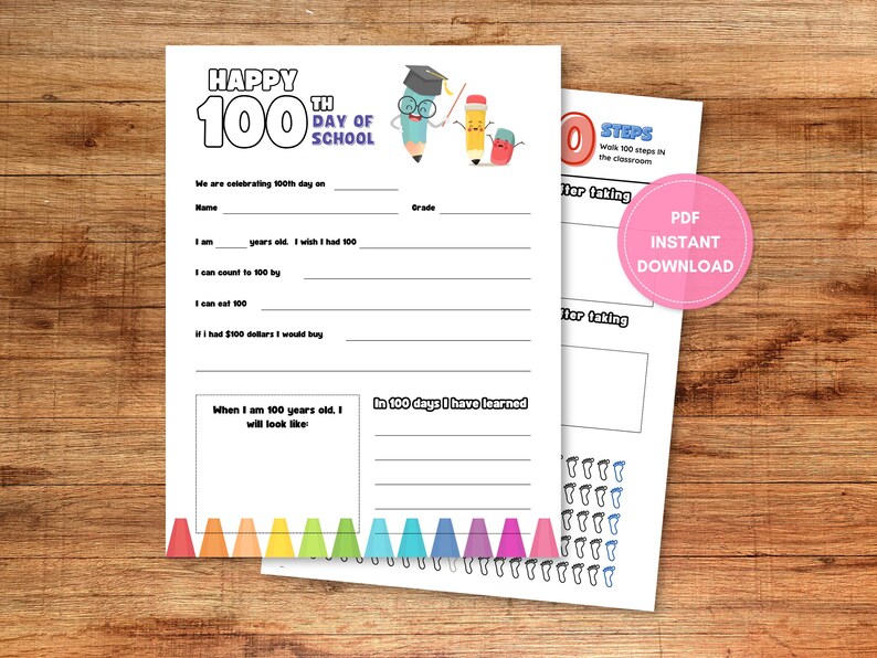 100 Days of School Printable, Classroom Activity Worksheets, Fun ...