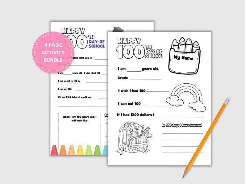 100 Days of School Printable, Classroom Activity Worksheets, Fun ...