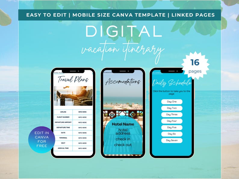 Editable Travel Itinerary Template, Mobile Vacation Planner, Travel ...