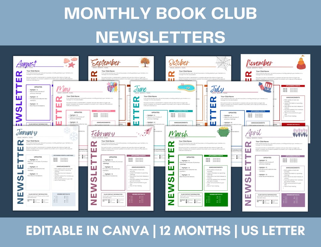 Monthly Book Club Newsletter Bundle, Seasonal Email Marketing Template ...