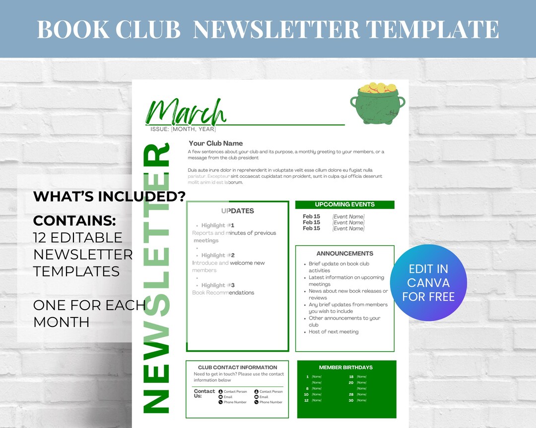 Monthly Book Club Newsletter Bundle, Seasonal Email Marketing Template ...