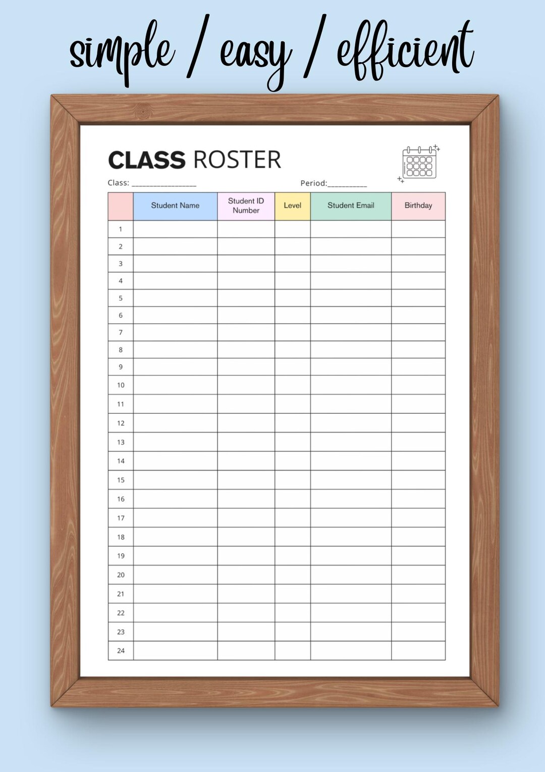 Simple & Efficient Class Roster, Printable Student Attendance Sheet ...