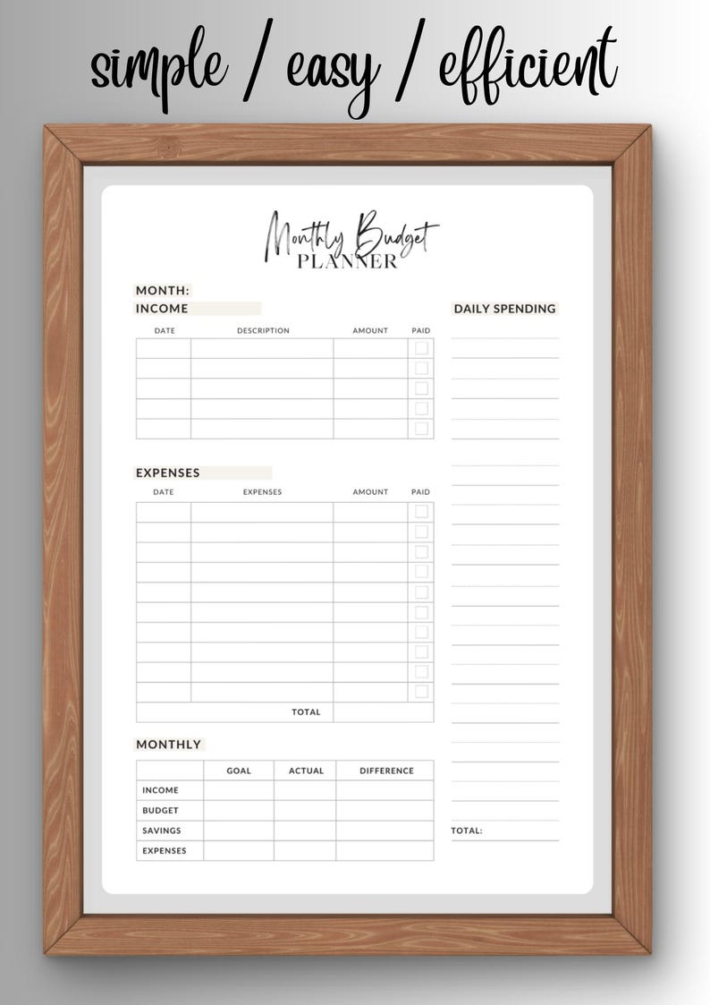 Monthly Budget Planner, Simple Elegant Financial Organizer, Printable ...