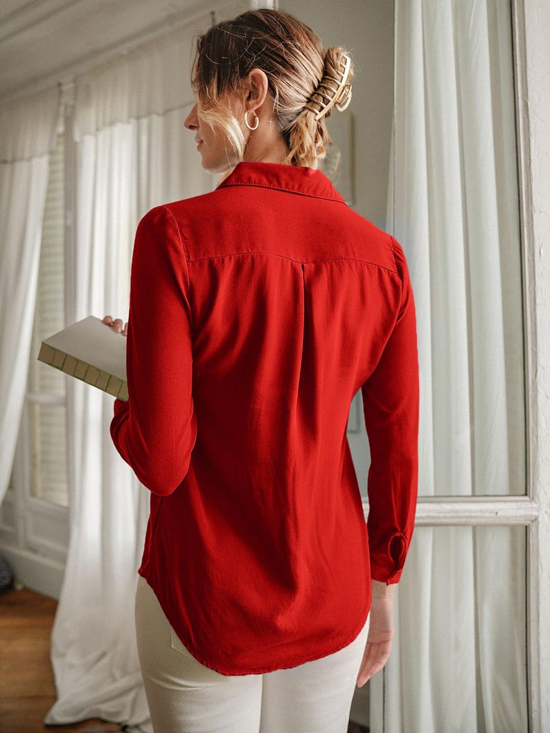 Women Red Button Front Blouse Formal Button up Shirts Office Work Minimalist Women Button Front ...