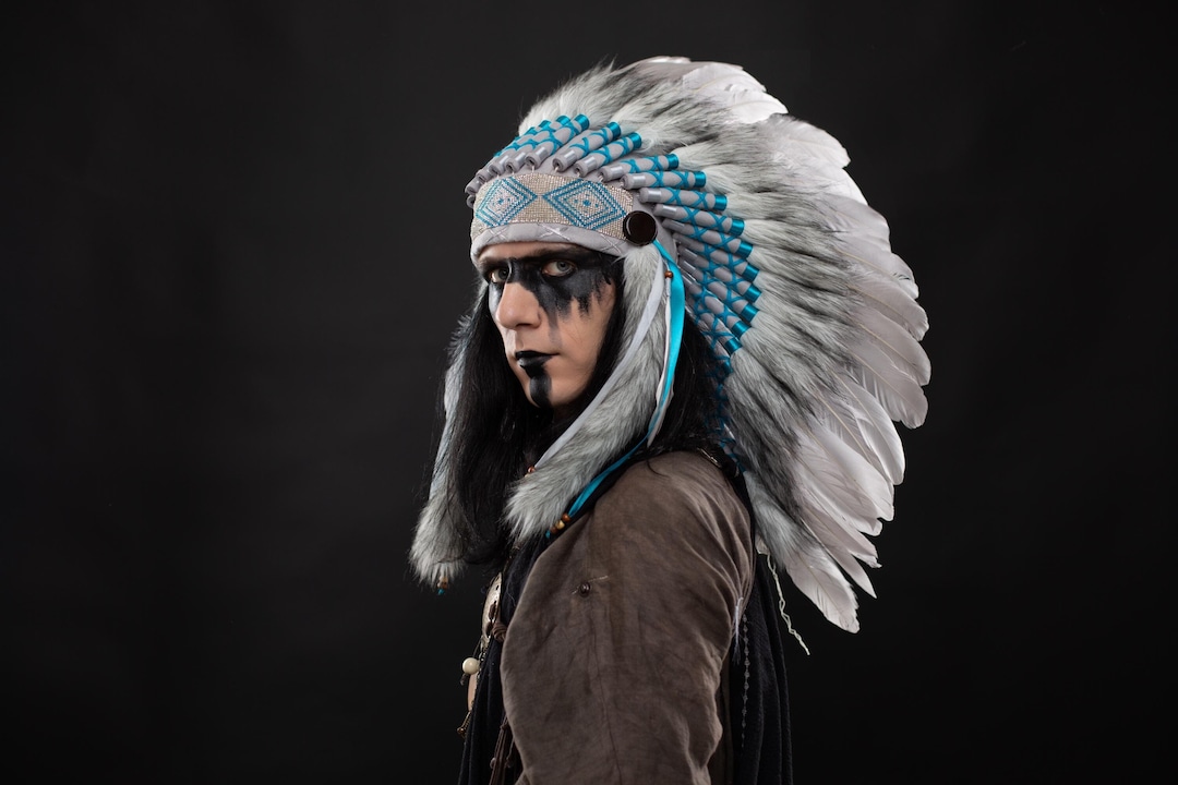 Authentic Indian Headdress — Silver Grey Feathered Native American ...