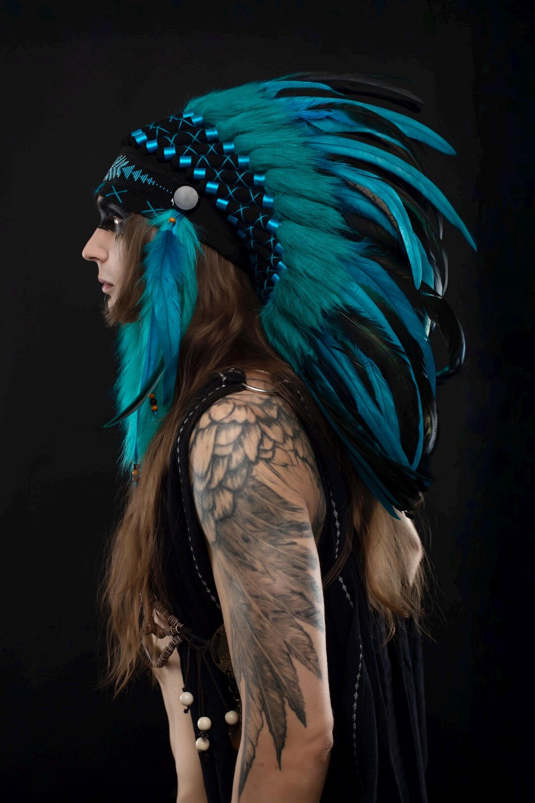 Authentic Indian Headdress — Electric Turquoise Feathered Native ...