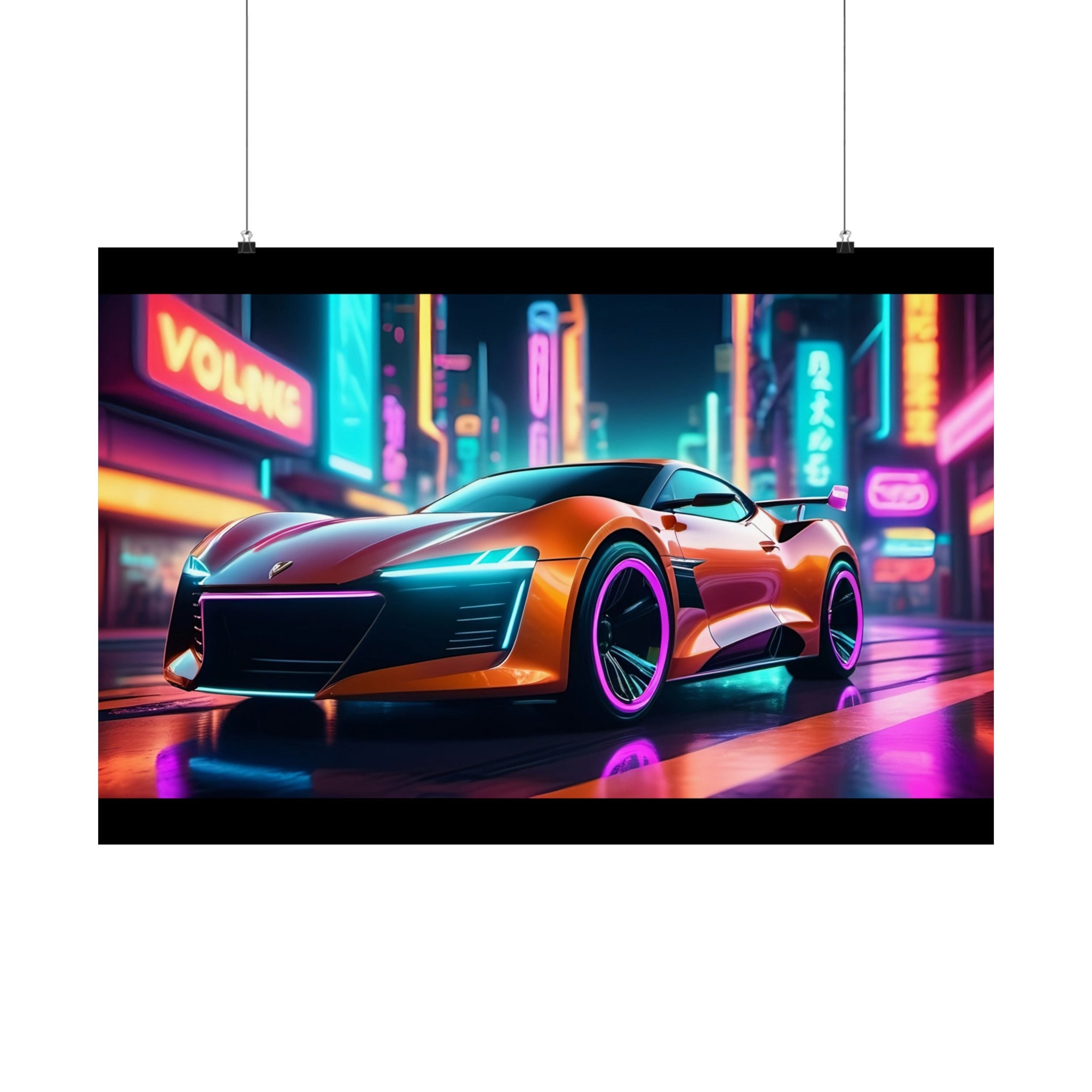 Neon Car Matte Horizontal Poster, Neon Cityscape, Exotic Car Poster ...