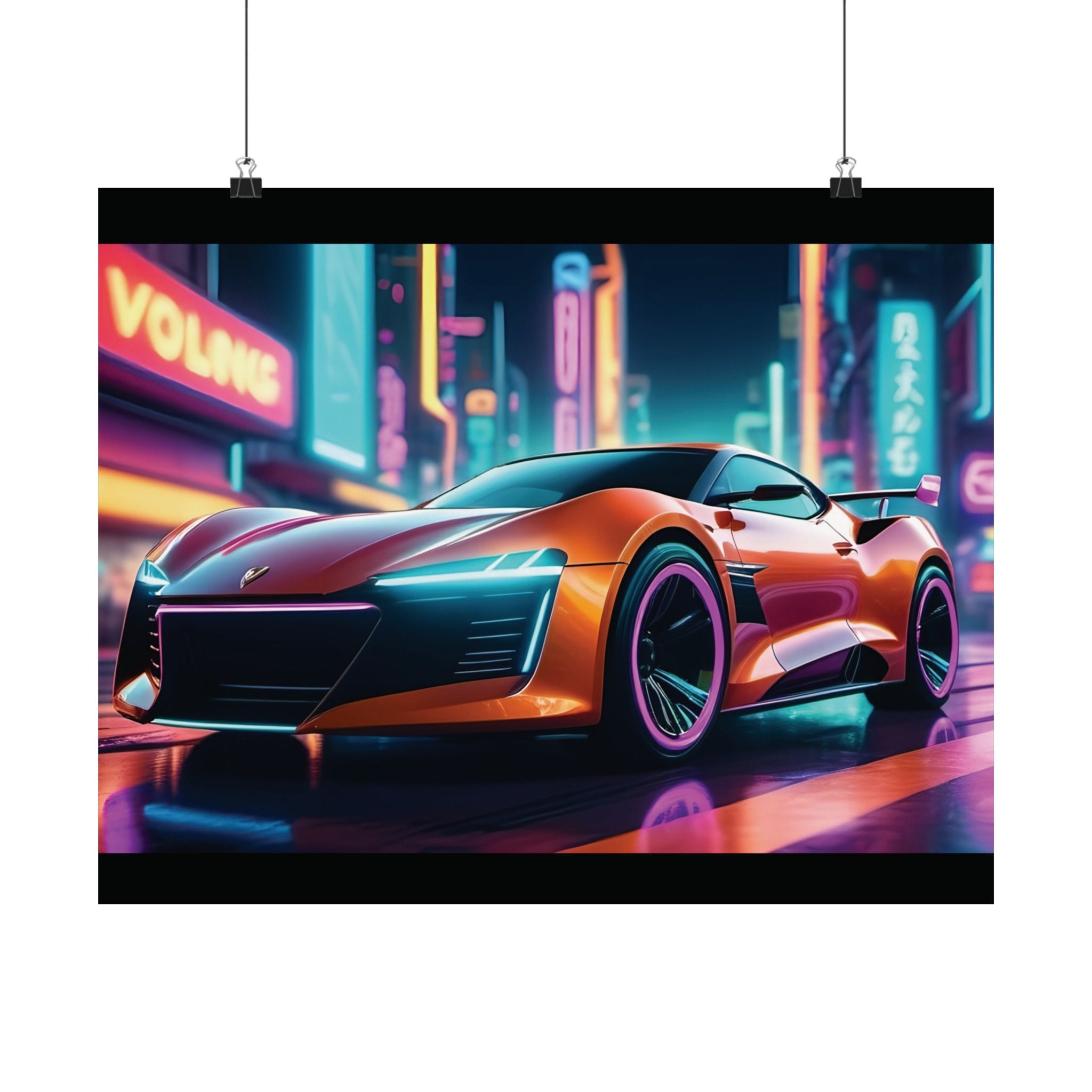 Neon Car Matte Horizontal Poster, Neon Cityscape, Exotic Car Poster ...