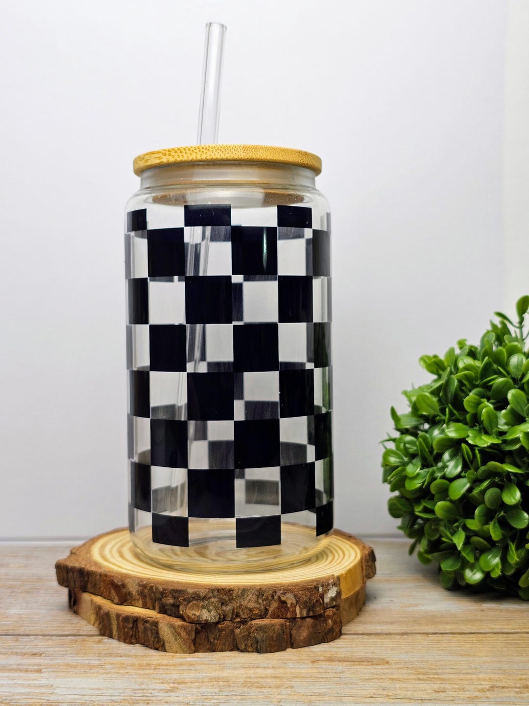 Aesthetic Glass, Checkered Glass Tumbler, 16oz, Retro Glass Tumbler ...