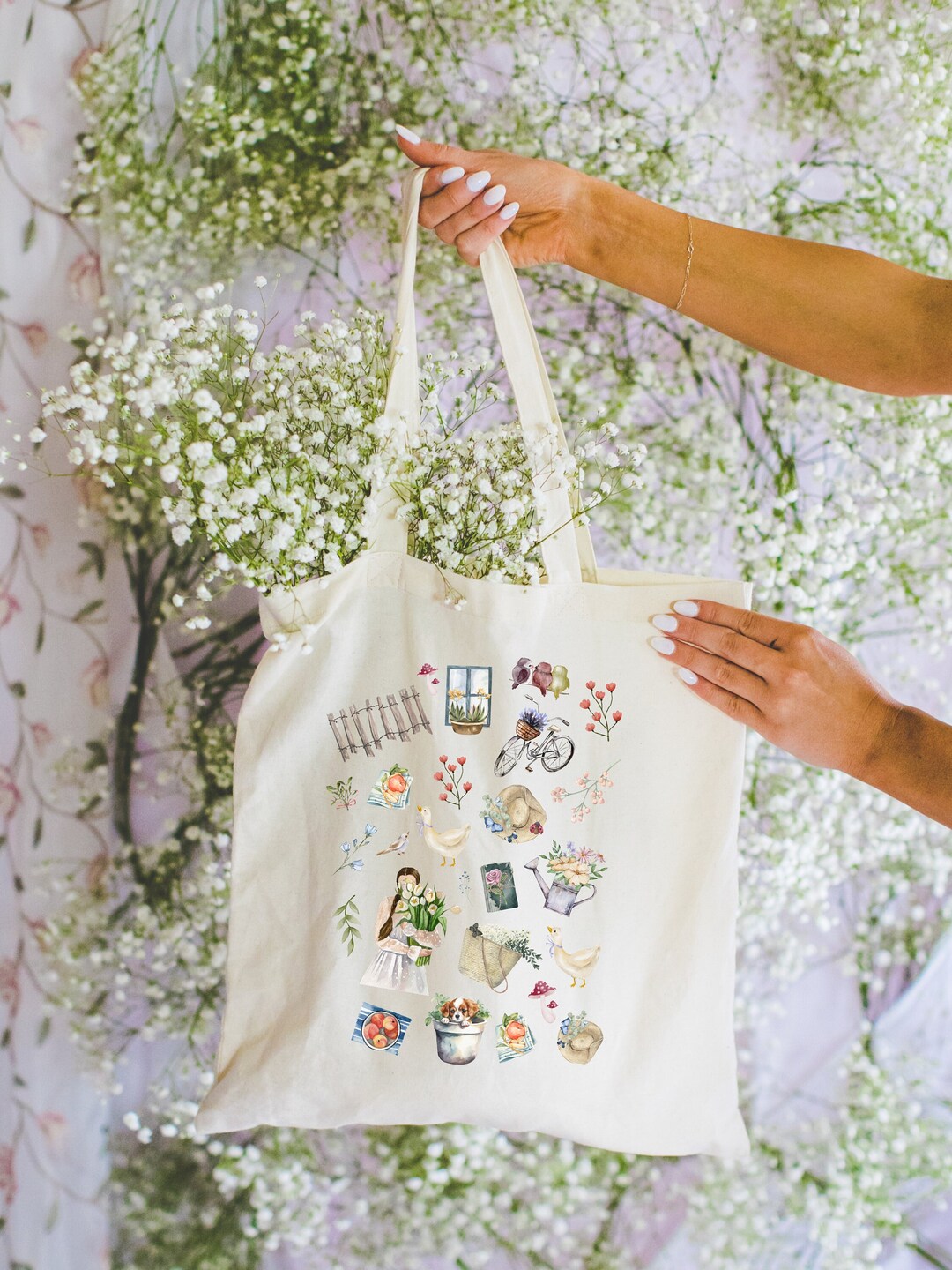 Cottagecore Garden Girl Tote Bag: Floral Puppy Design - Etsy