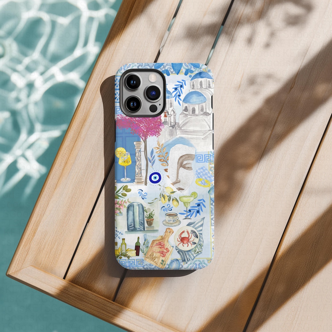 Santorini Greece Phone Case | Coastal Collage Art, Aegean Blues - Etsy