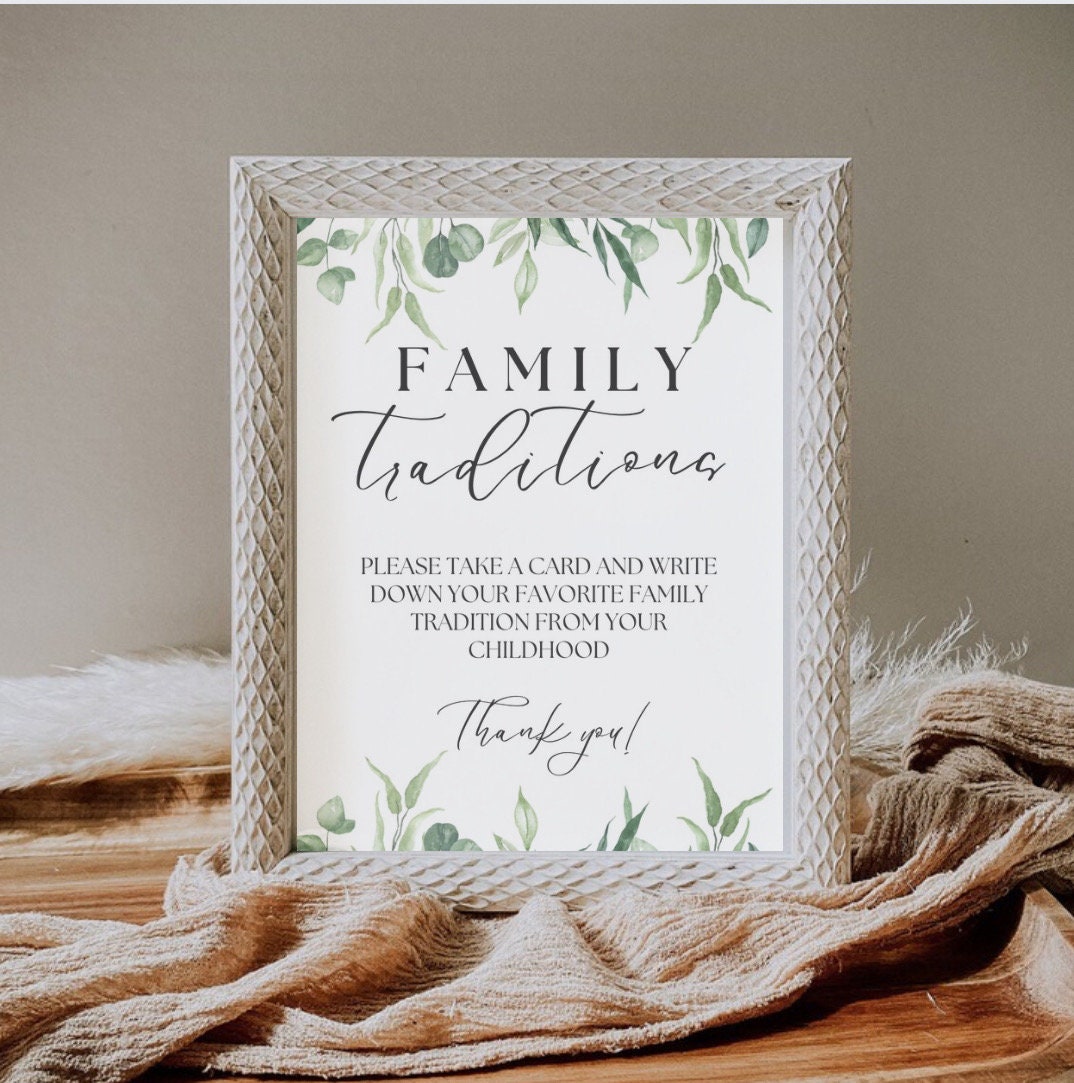 Family Traditions Sign and Cards, Greenery Signs, Baby Shower, Share a ...