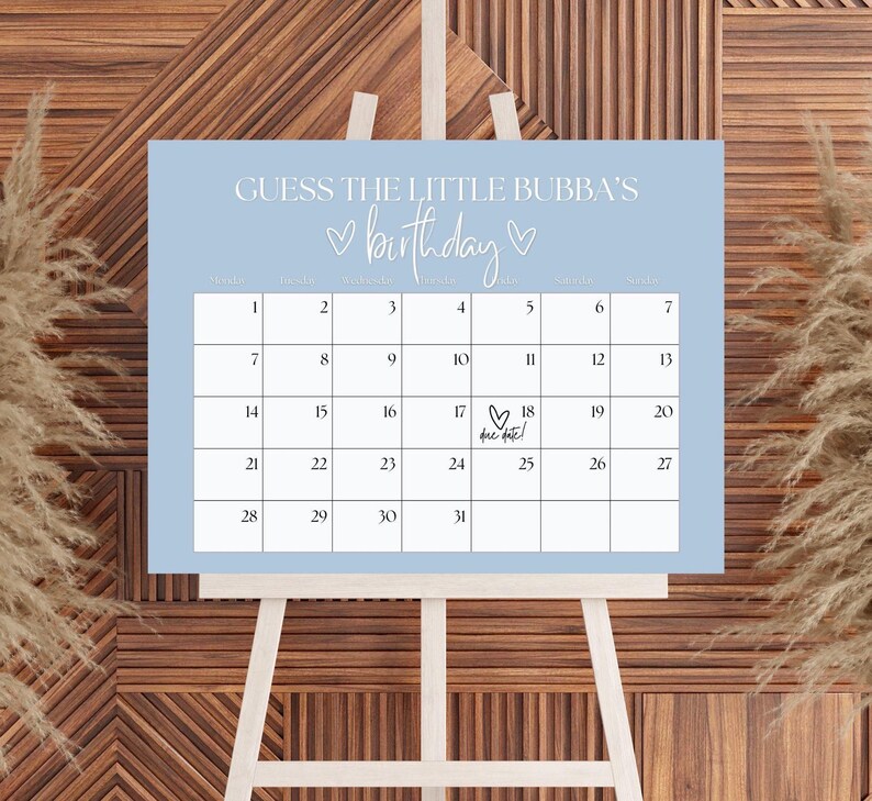 Minimalist Blue Baby Due Date Calendar Sign Template, Guess the ...