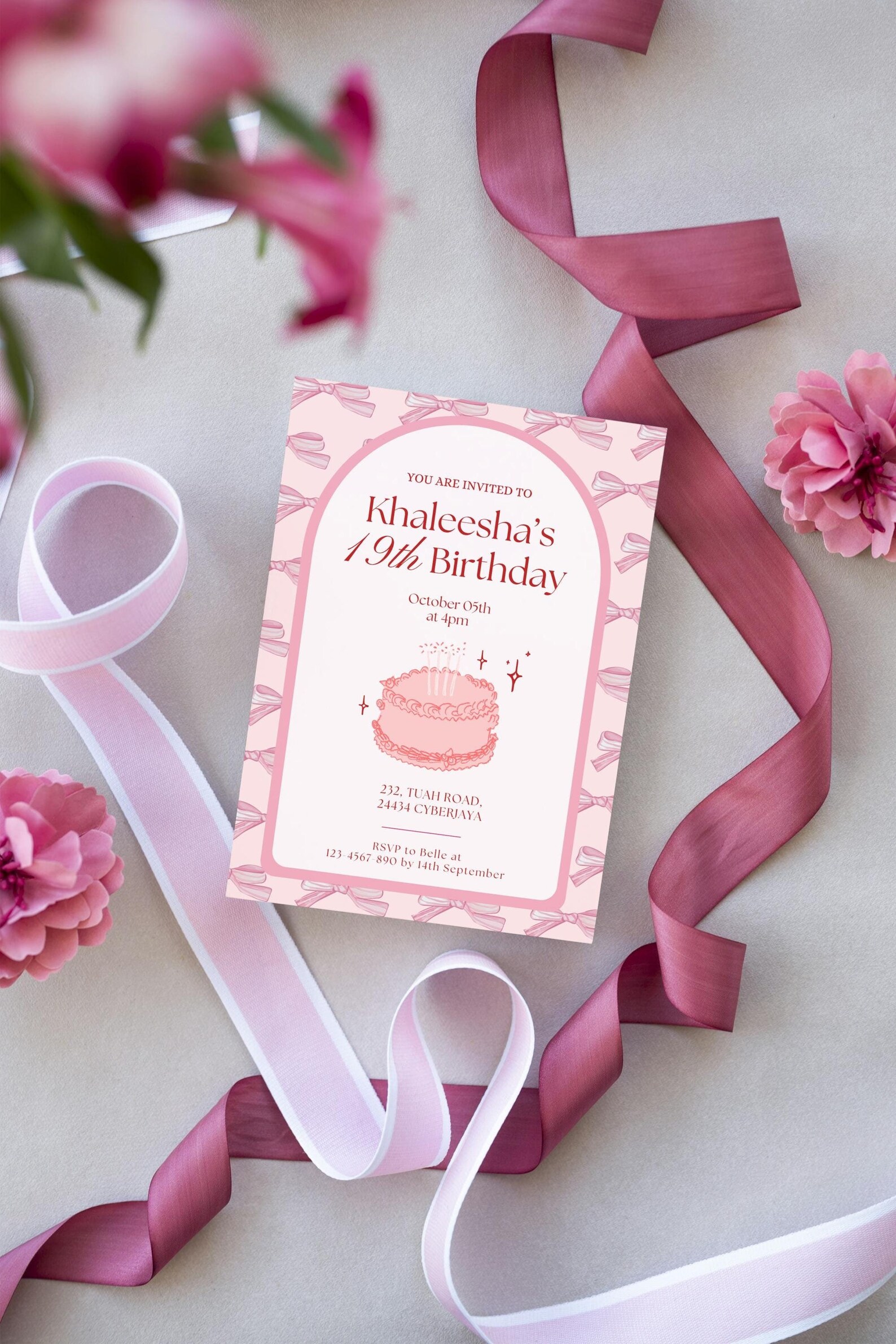 Pink Ribbon Birthday Party Invitation, Sweet Pink Ribbon Birthday ...