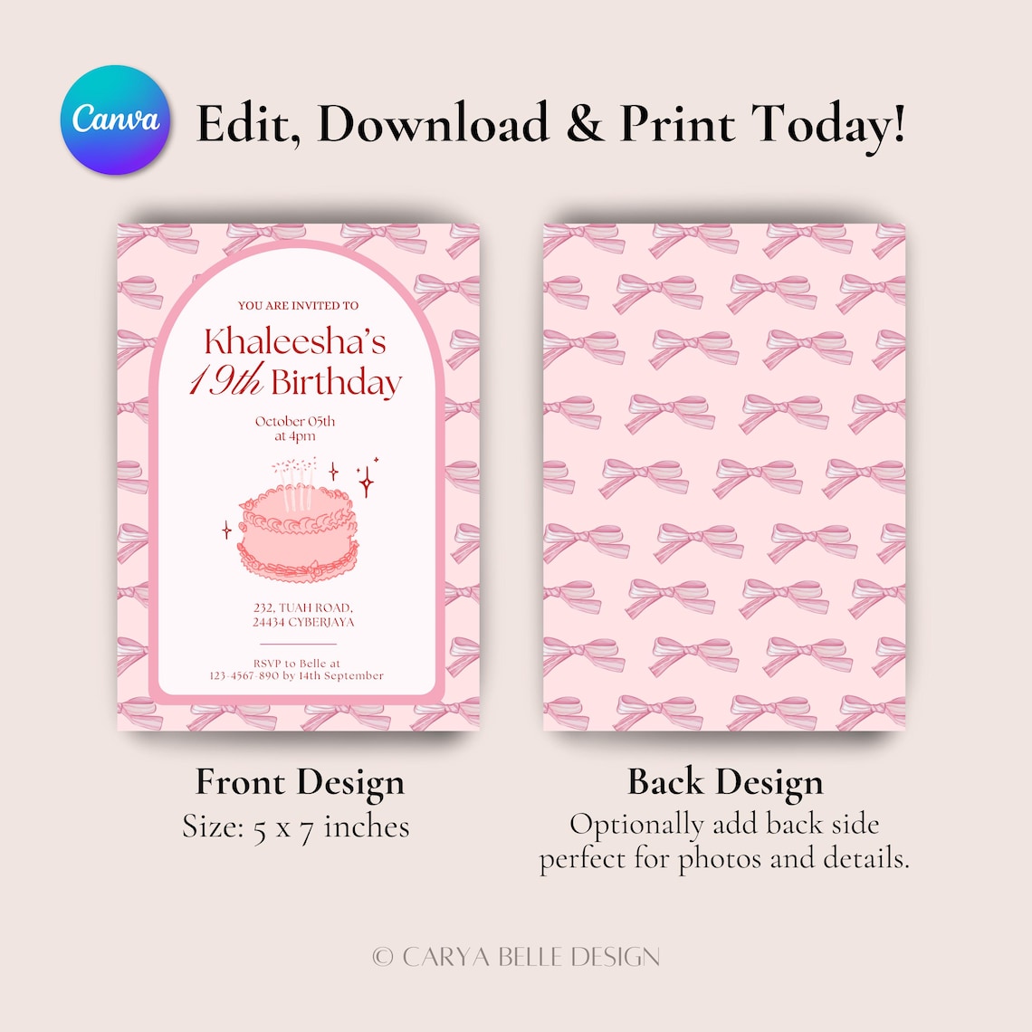 Pink Ribbon Birthday Party Invitation, Sweet Pink Ribbon Birthday ...