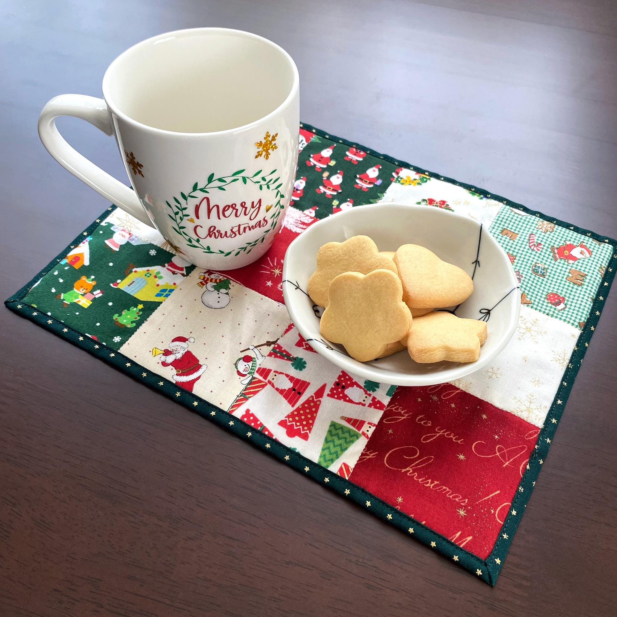 Christmas Mug Rug, Xmas Pattern Fabric Mug Rug, Handmade Holiday Mug ...