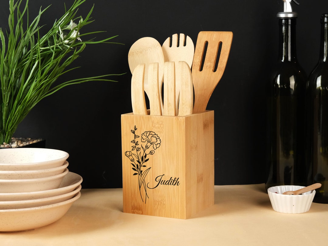 Birth Flower Bamboo Utensil Holder, Customed Bamboo Utensil Holder ...