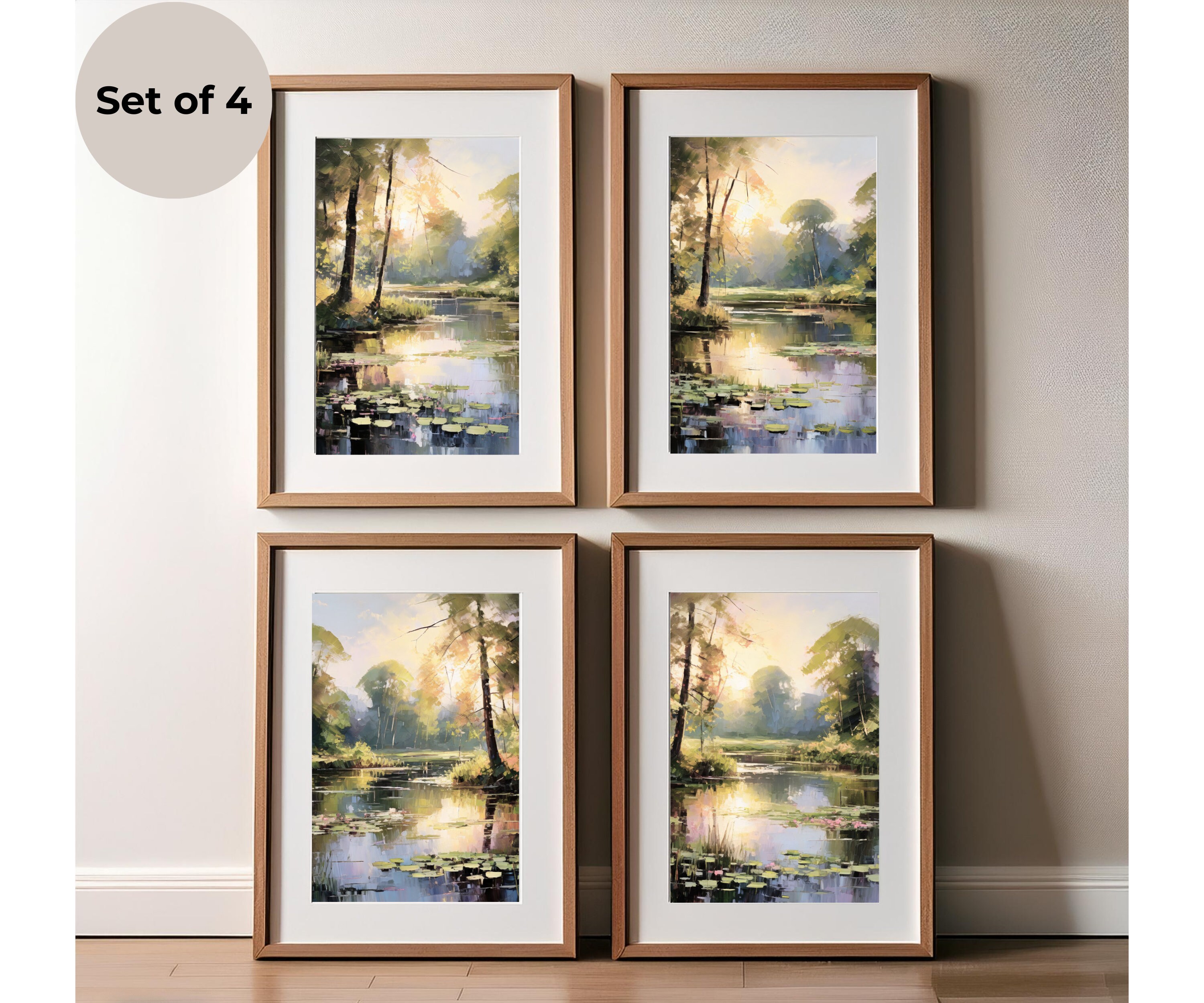 Printable Tranquil Pond Landscape Wall Art Set of 4 Sunlit Pond Oil ...