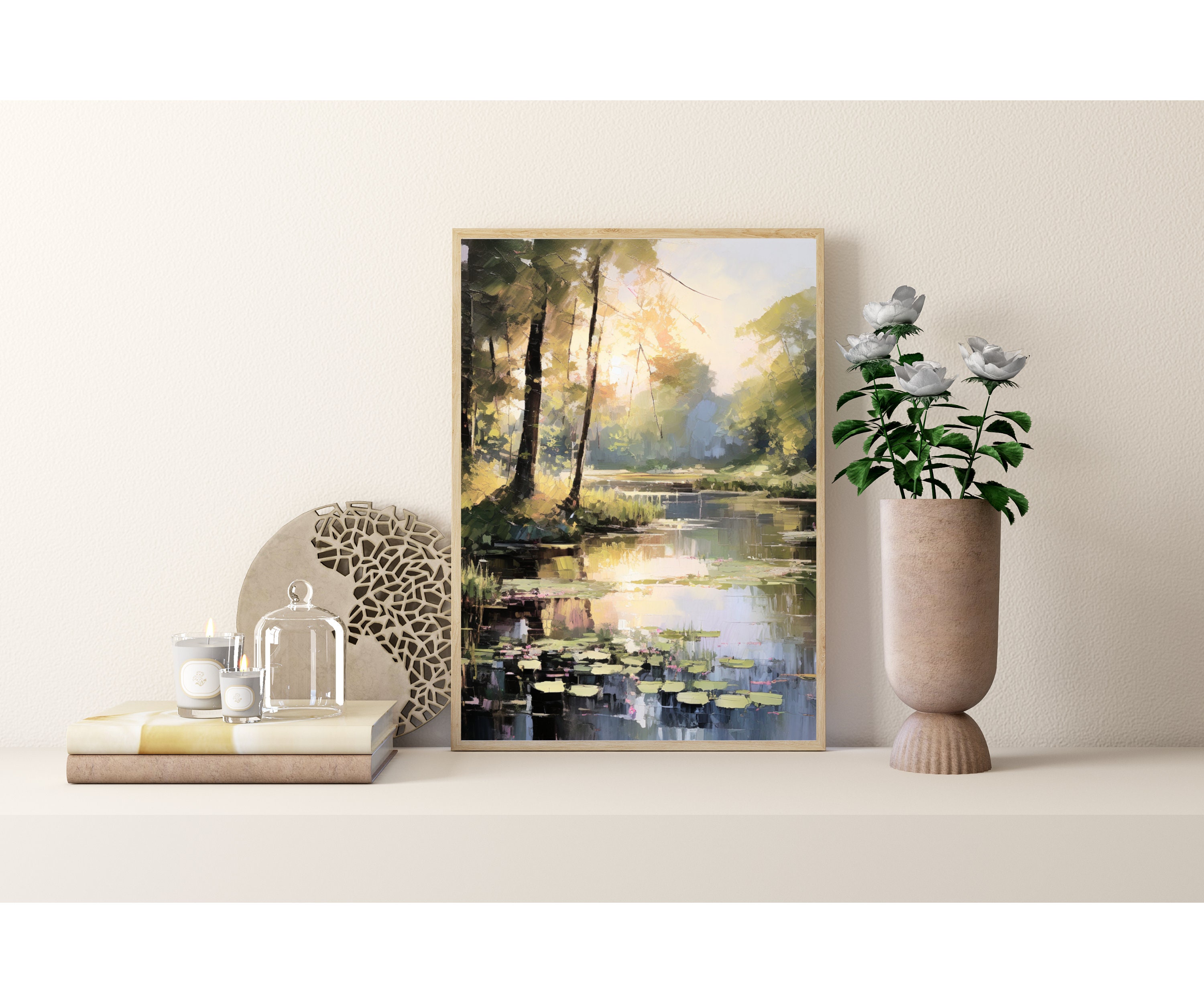 Printable Tranquil Pond Landscape Wall Art Set of 4 Sunlit Pond Oil ...