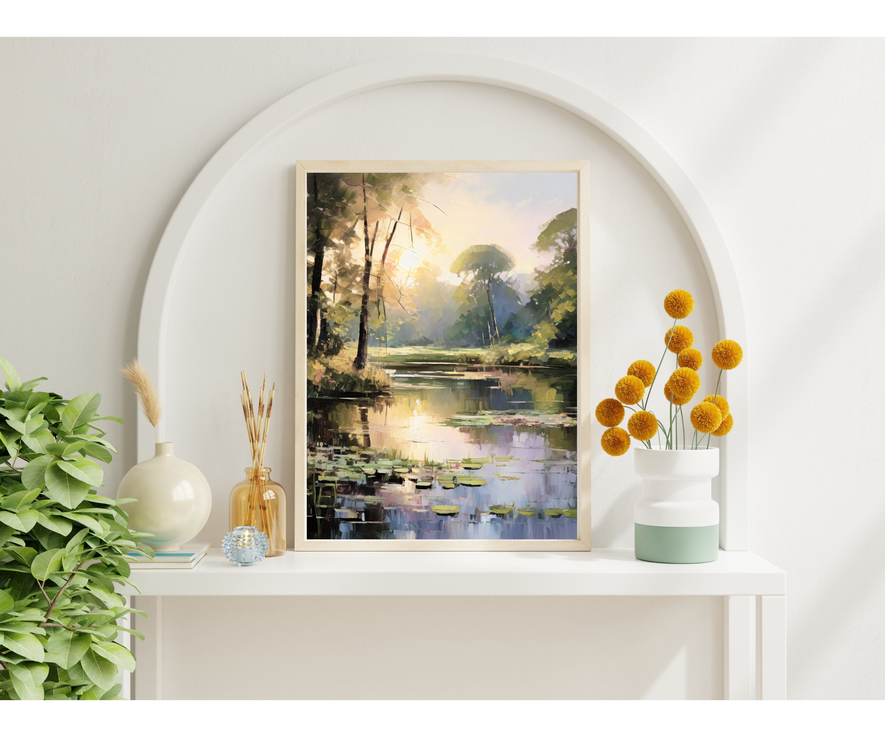 Printable Tranquil Pond Landscape Wall Art Set of 4 Sunlit Pond Oil ...
