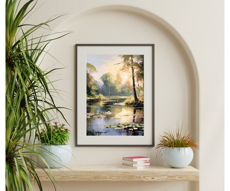 Printable Tranquil Pond Landscape Wall Art Set of 4 Sunlit Pond Oil ...