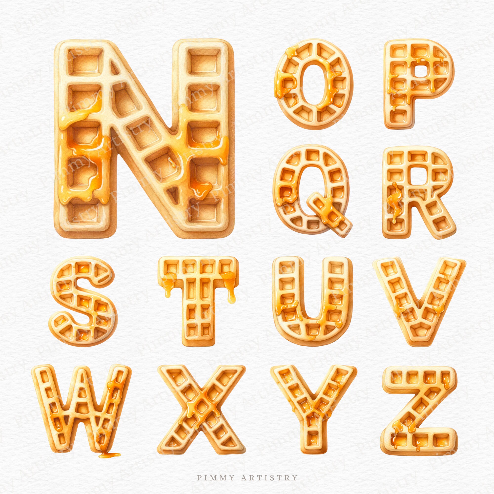 Sweet Waffle Watercolor Clipart: Alphabet & Numbers Set, Waffle Letters ...
