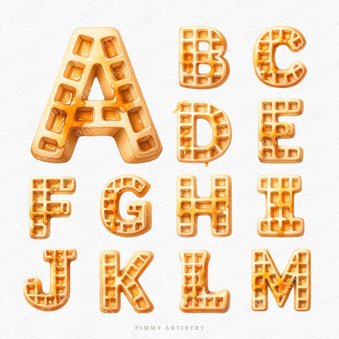 Sweet Waffle Watercolor Clipart: Alphabet & Numbers Set, Waffle Letters ...