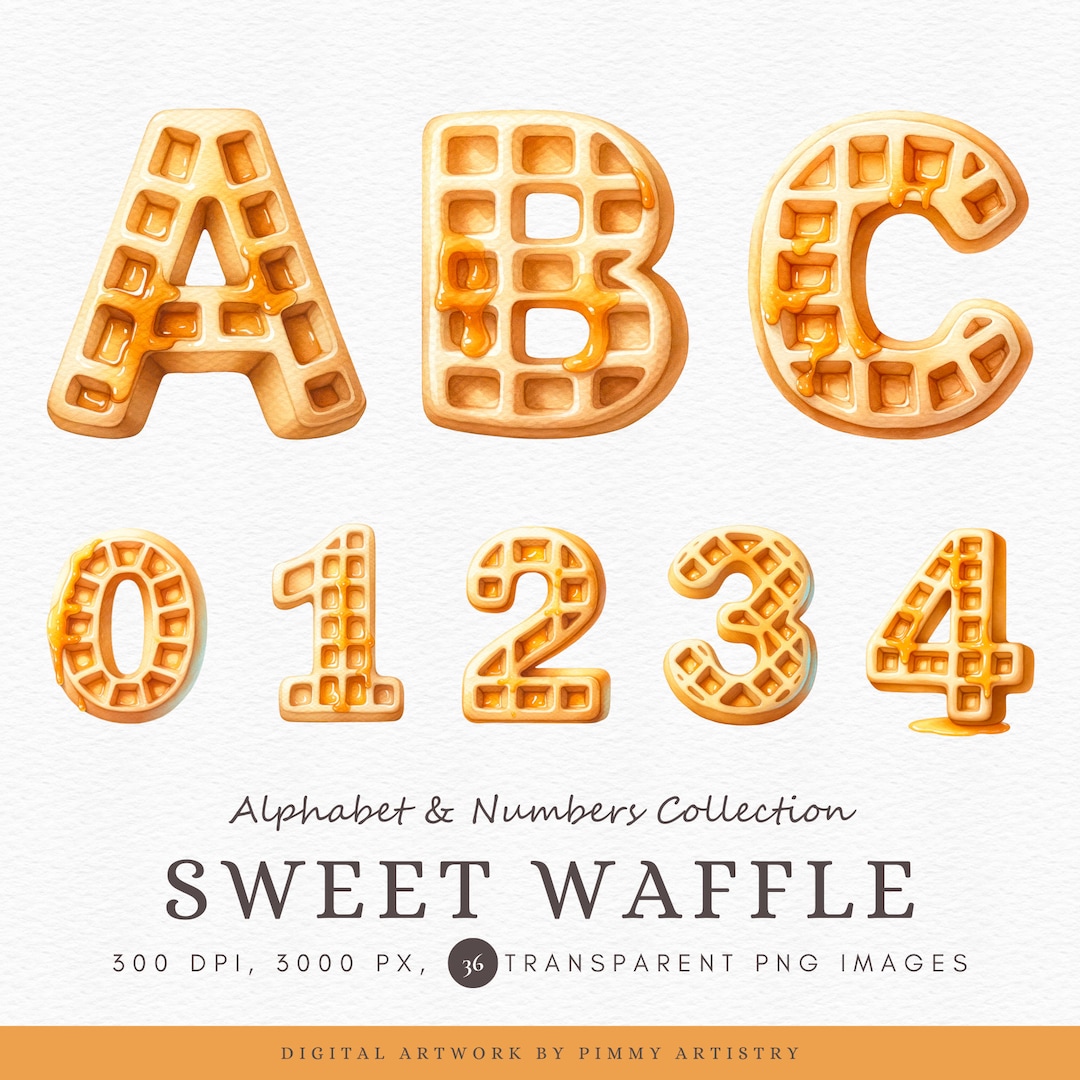Sweet Waffle Watercolor Clipart: Alphabet & Numbers Set, Waffle Letters ...