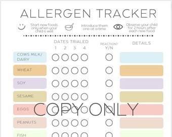 Baby's First Foods Allergen Allergy Tracking Chart Baby Led Weaning ...